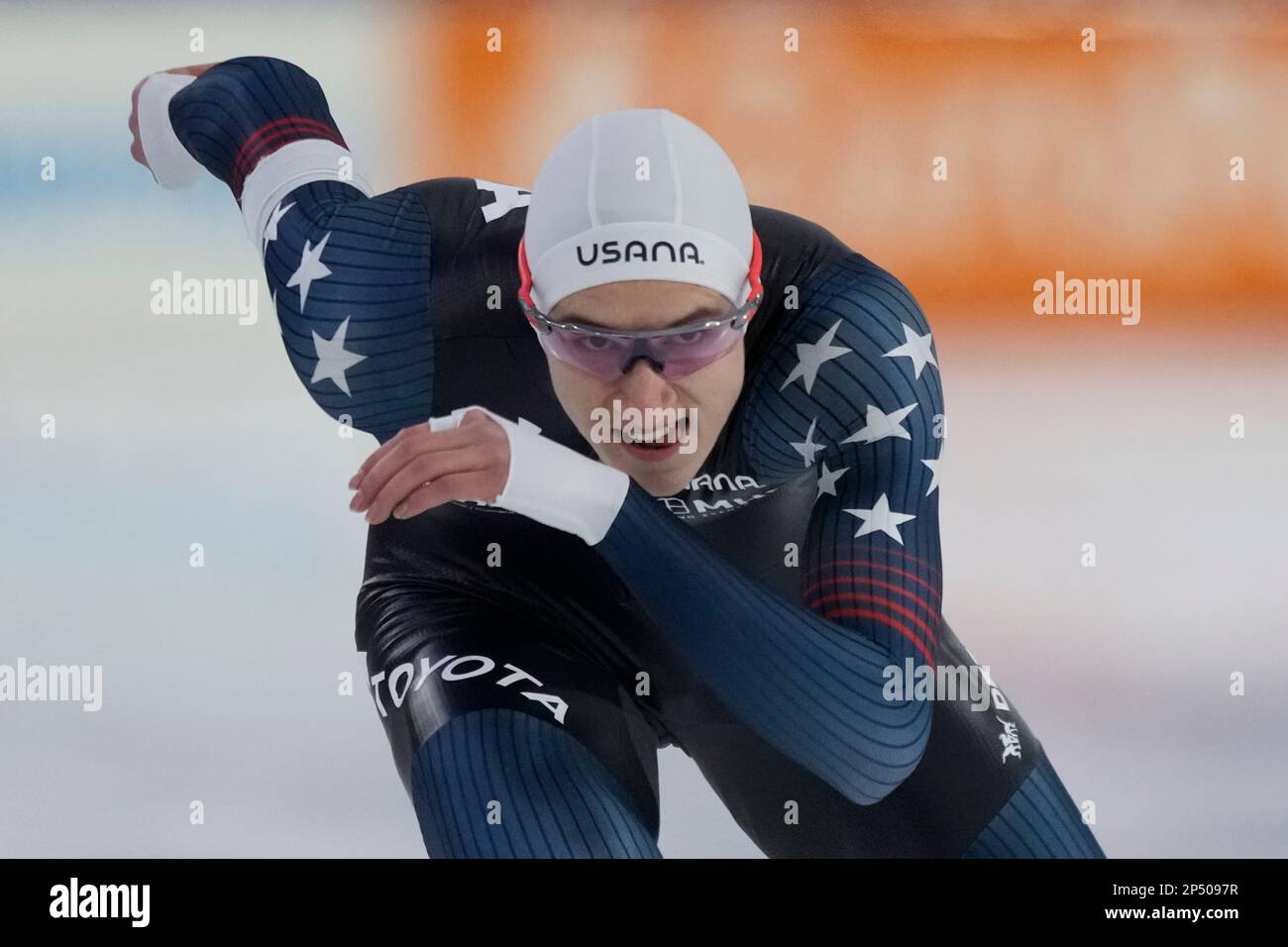 Jordan Stolz of the U.S. competes to win his third gold medal on the ...