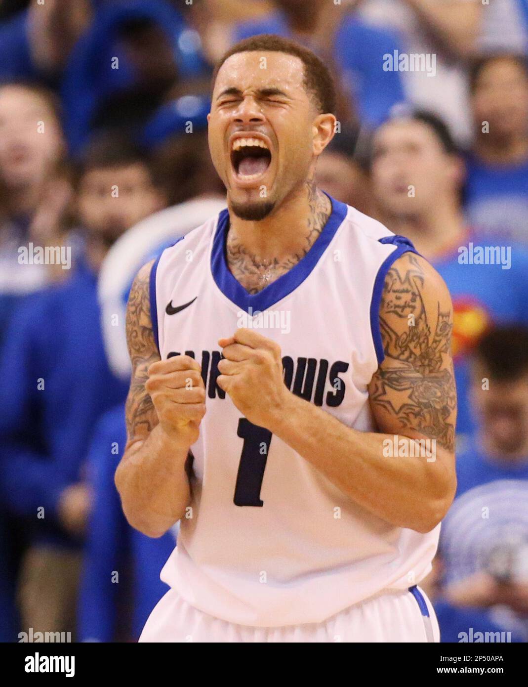 Saint Louis forward Grandy Glaze reacts after a defensive stop against ...