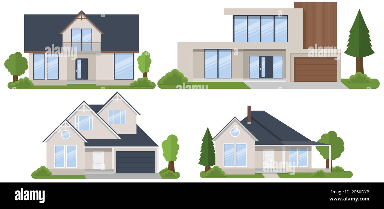 Cartoon houses set. Exterior of the residential house, front view. Vector illustration. Eps 10 ...
