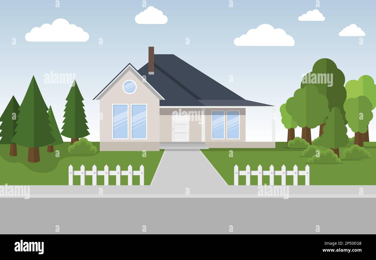 Exterior of the residential house, front view. House with large garden ...