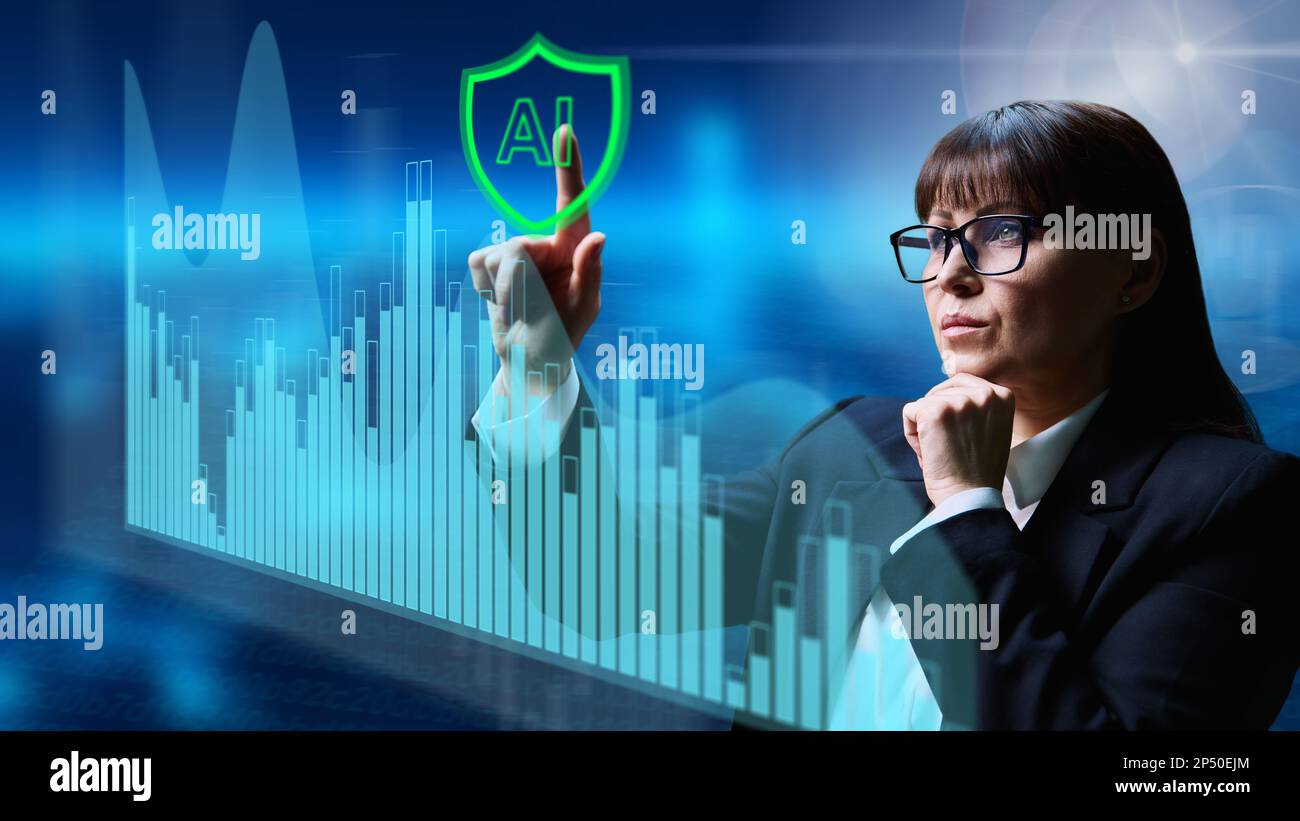 Business woman using artificial intelligence to manage work learning ...