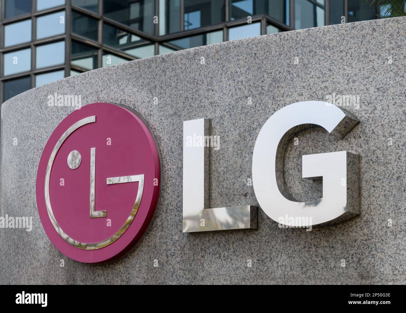 Logo with LG Group's headquarters of LG Twin Towers building in Seoul. LG Group is a South ...