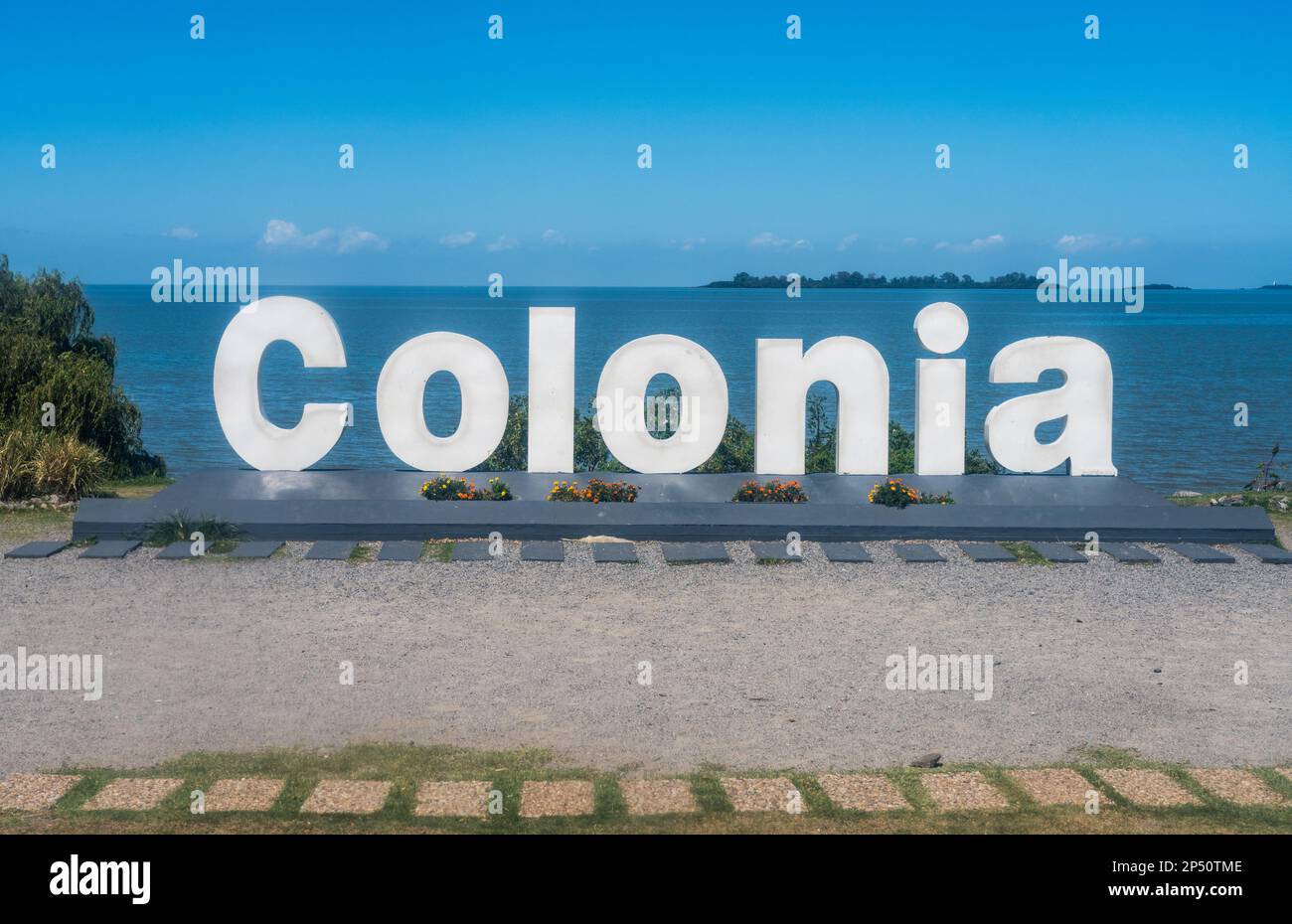 White welcome sign by the River Plate in Colonia del Sacramento in ...