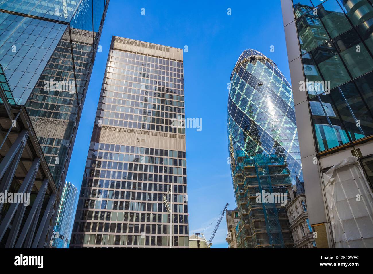 Low angle of tall corporate buildings in London financial district ...