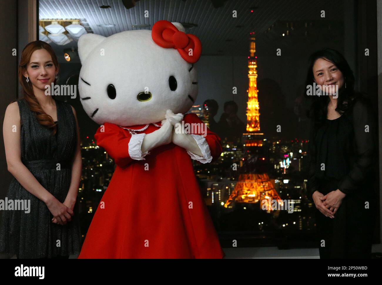 (L-R) Mei, ambassador of Tokyo Tower, Hello Kitty, and Aya Komaki, vice ...