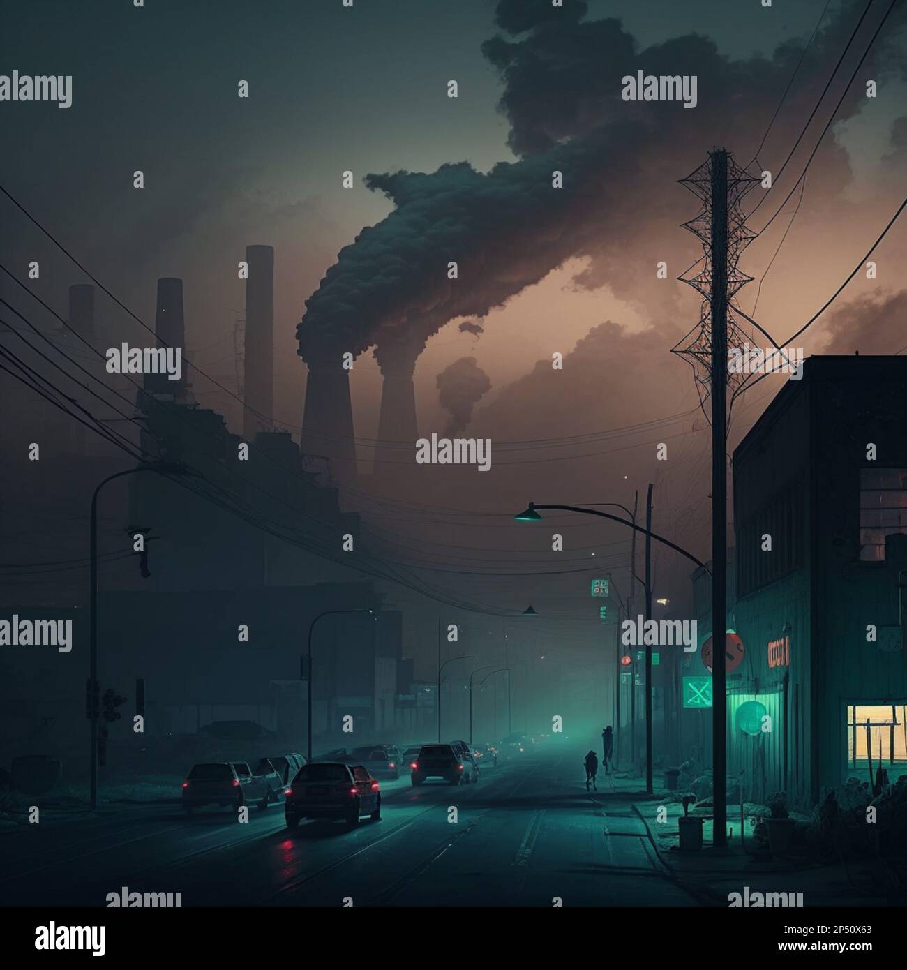 Industrial smoke stacks with heavy smoke causing air pollution. Urban ...