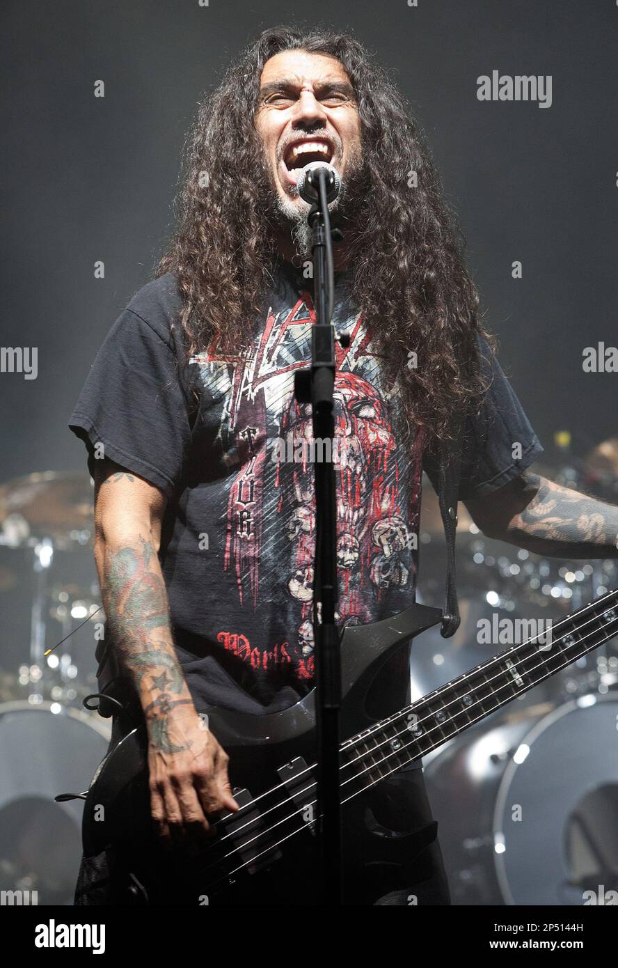 Bassist/vocalist Tom Araya of Slayer performs on stage at the Long ...