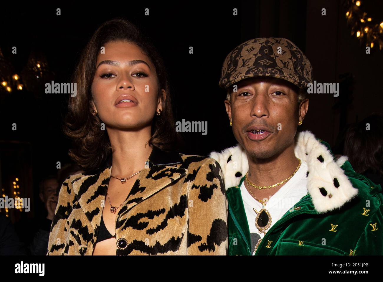 Zendaya, left, and Pharrell Williams attend the Louis Vuitton Fall ...