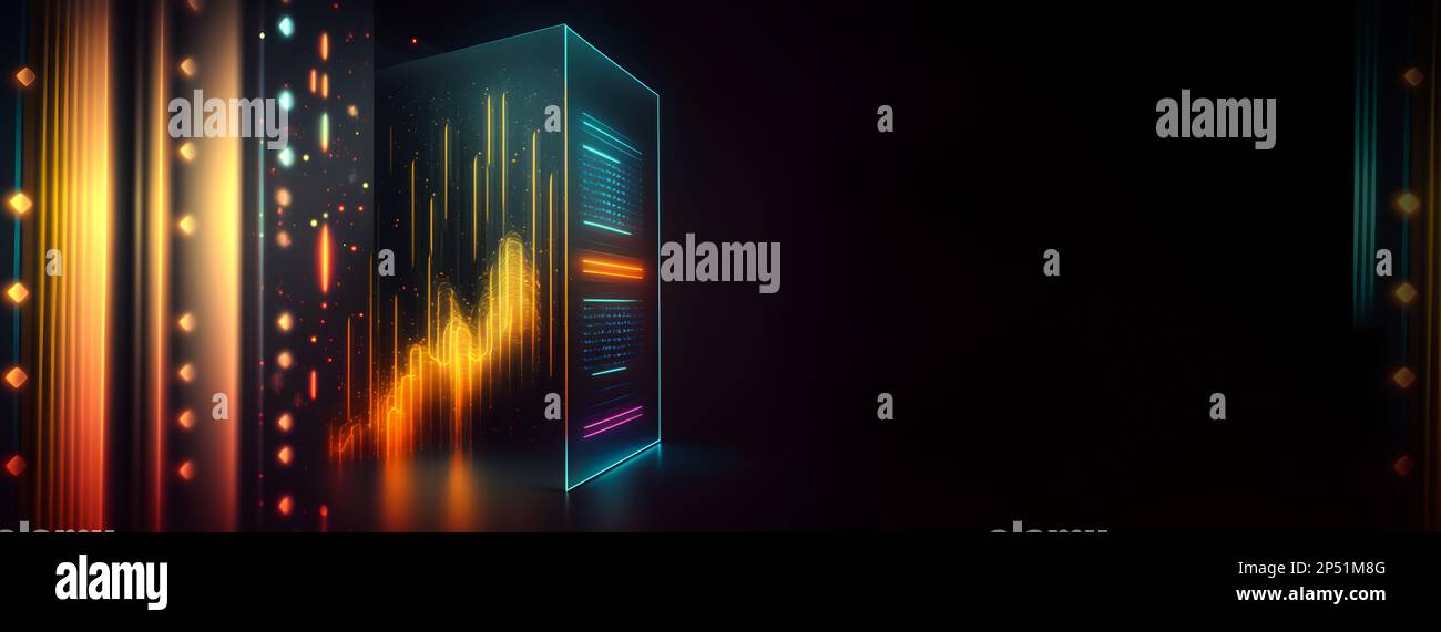 Big data banner. Big data neon server with bright neon elements on ...