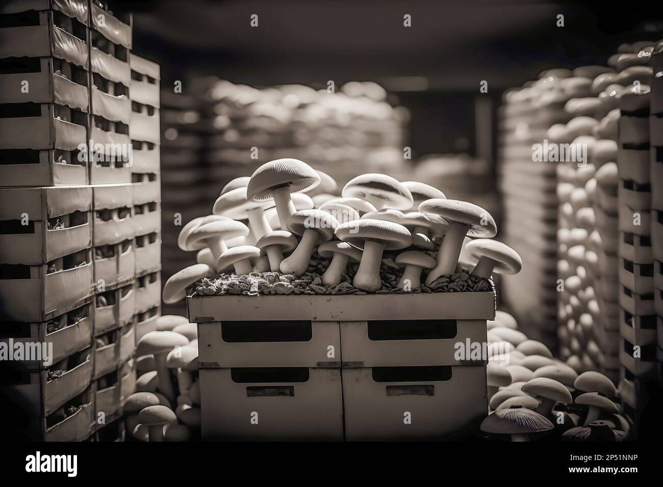 Organic mushrooms growing on mushroom farm in wooden boxes. Harvesting ...