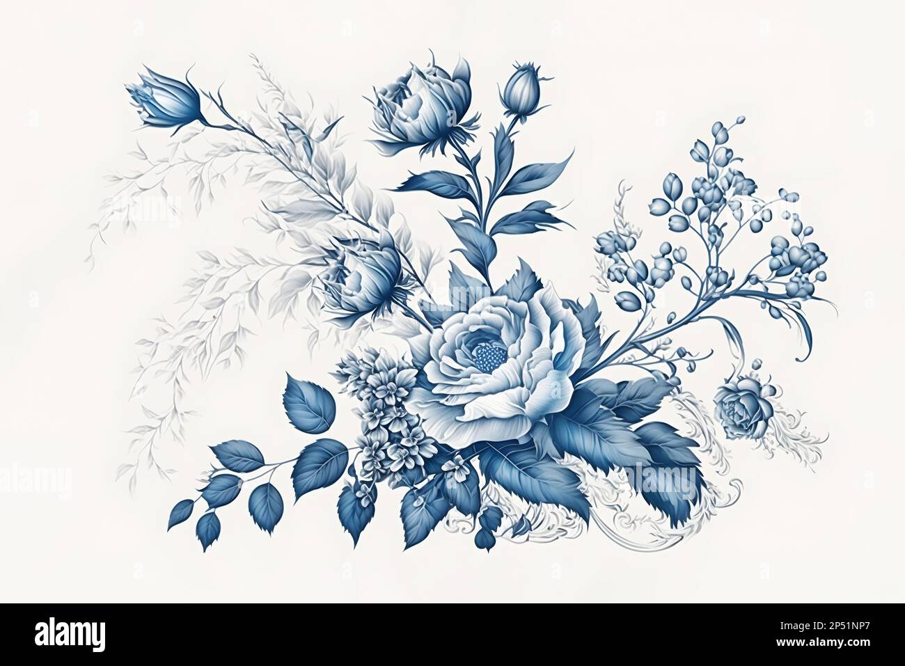 Elegant floral drawing with flower bouquets drawing one blue color on ...