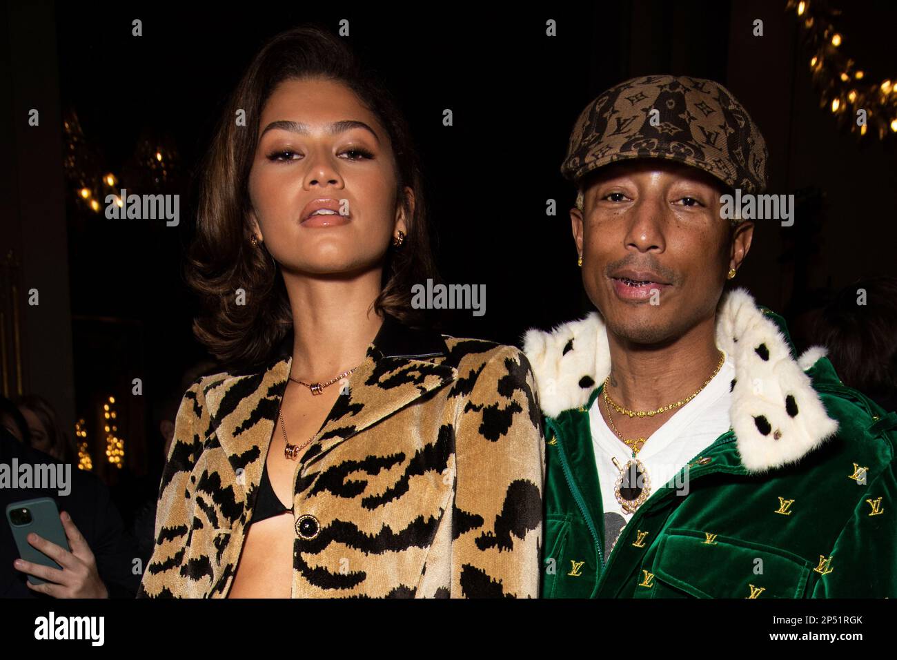 Zendaya, left, and Pharrell Williams attend the Louis Vuitton Fall ...