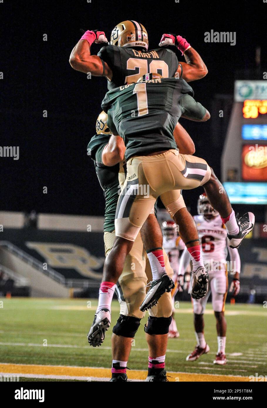 Baylor Bears running back Devin Chafin (28) is lifted in the air by ...