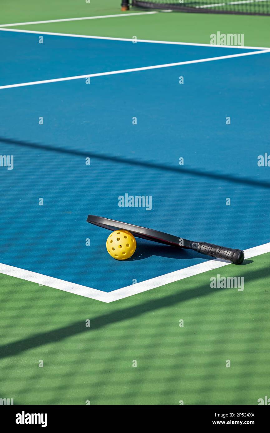 View of a pickleball complex with a paddle and yellow ball on blue and ...
