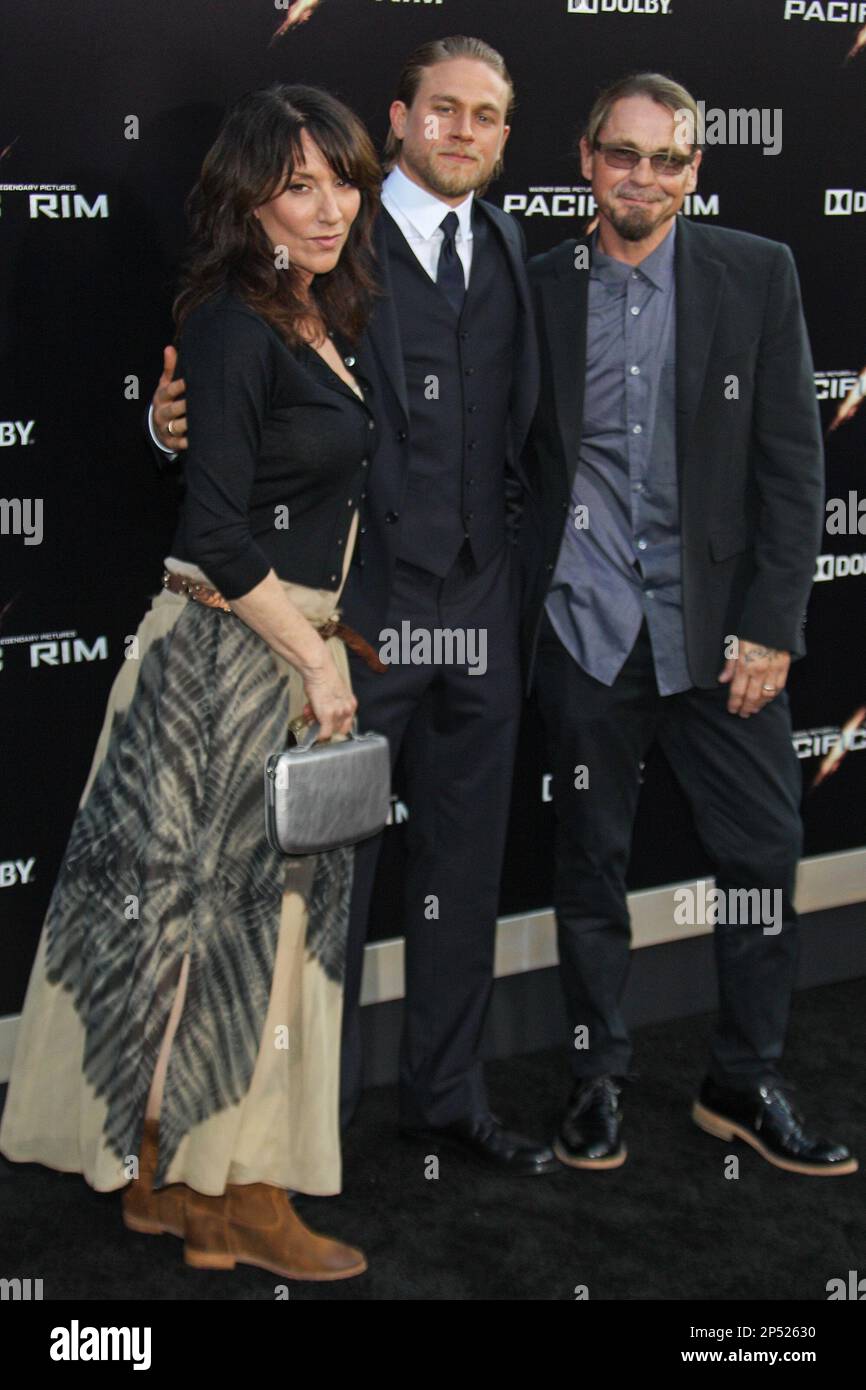 Actors (L-R) Katey Sagal, Charlie Hunnam, and Kurt Sutter attend the premiere Of Warner Bros ...