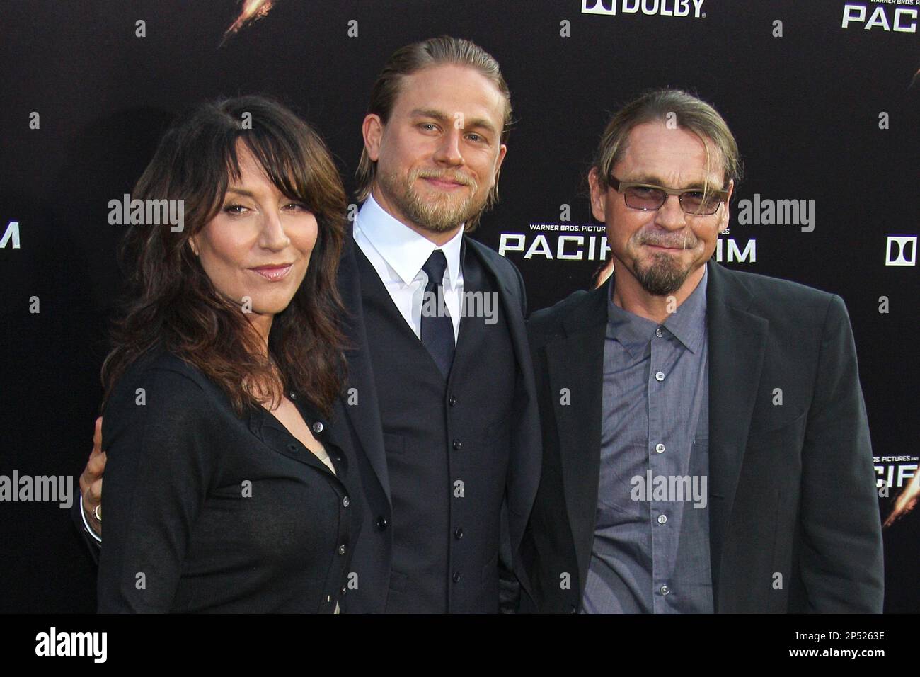 Actors (L-R) Katey Sagal, Charlie Hunnam, and Kurt Sutter attend the premiere Of Warner Bros ...