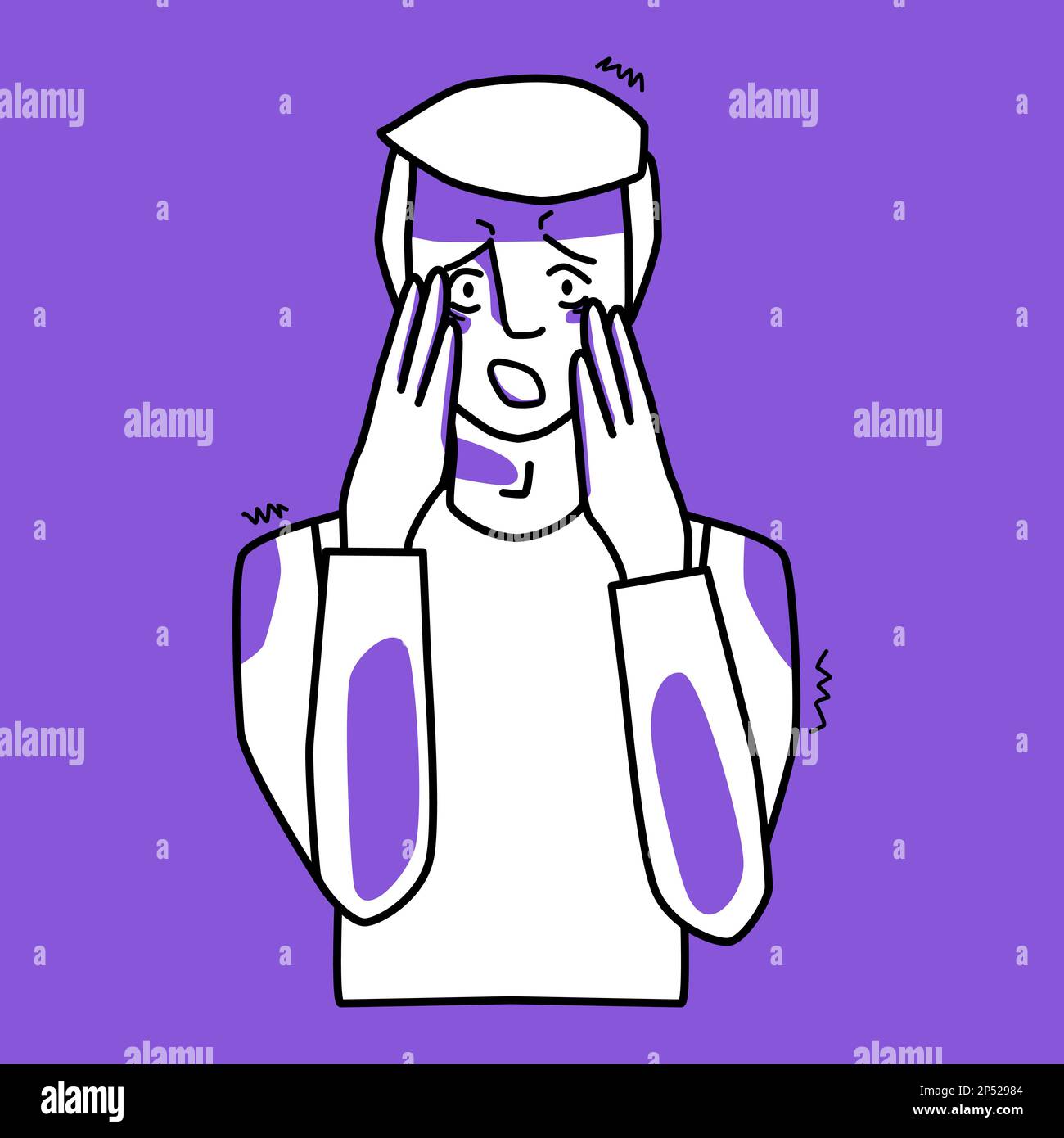 Man is afraid, hands near the face, purple and white. Fear and horror ...