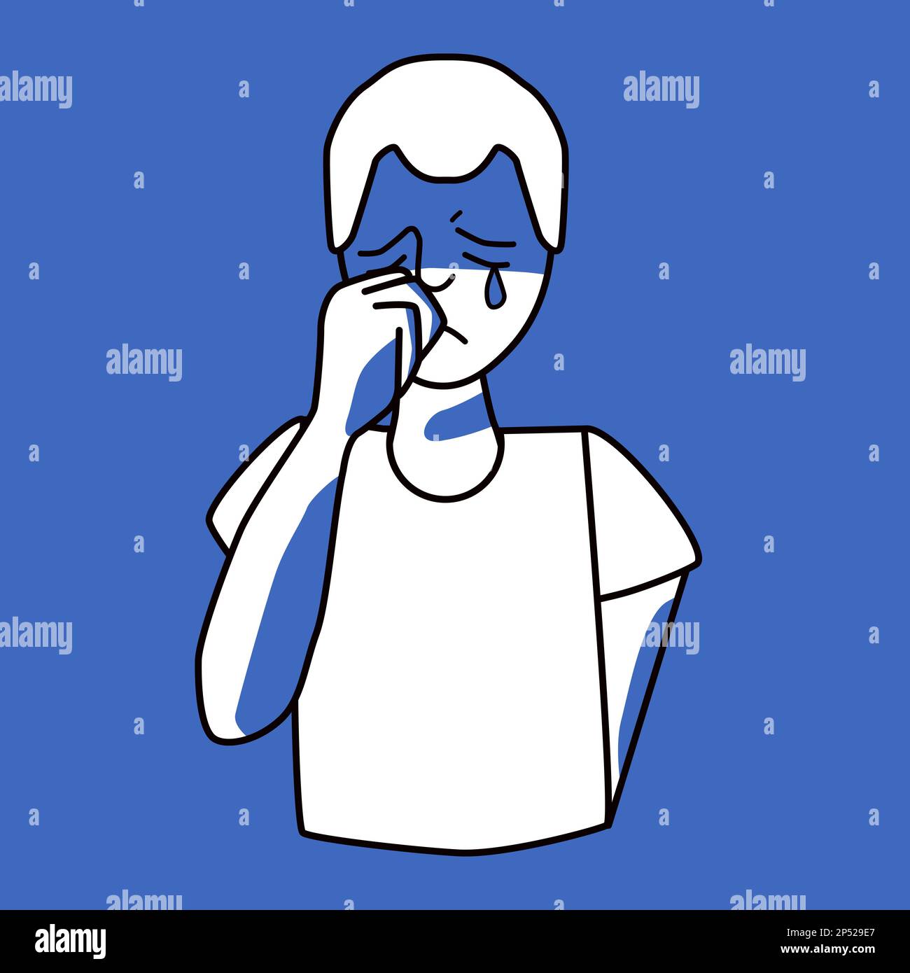 Sad boy, emotion of melancholy, blue and white. Sadness teenager mood ...