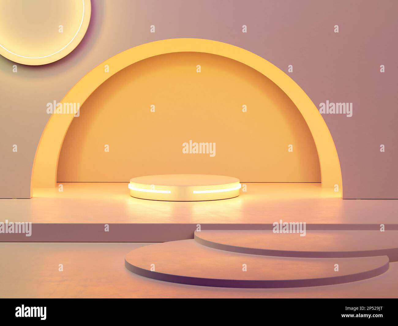 Minimalist space with arch and platform and glowing lights. Digital ...