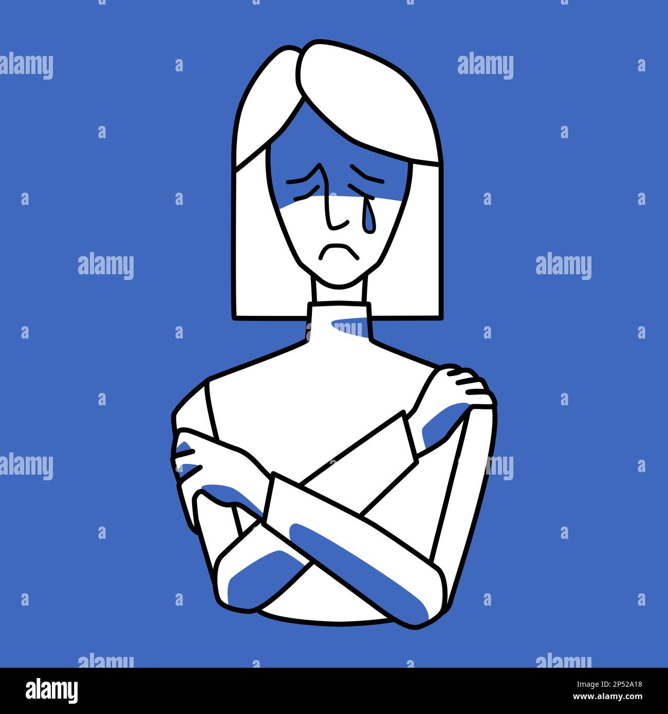 Sad woman, emotion of sorrow, blue and white. Melancholy of maid, half ...