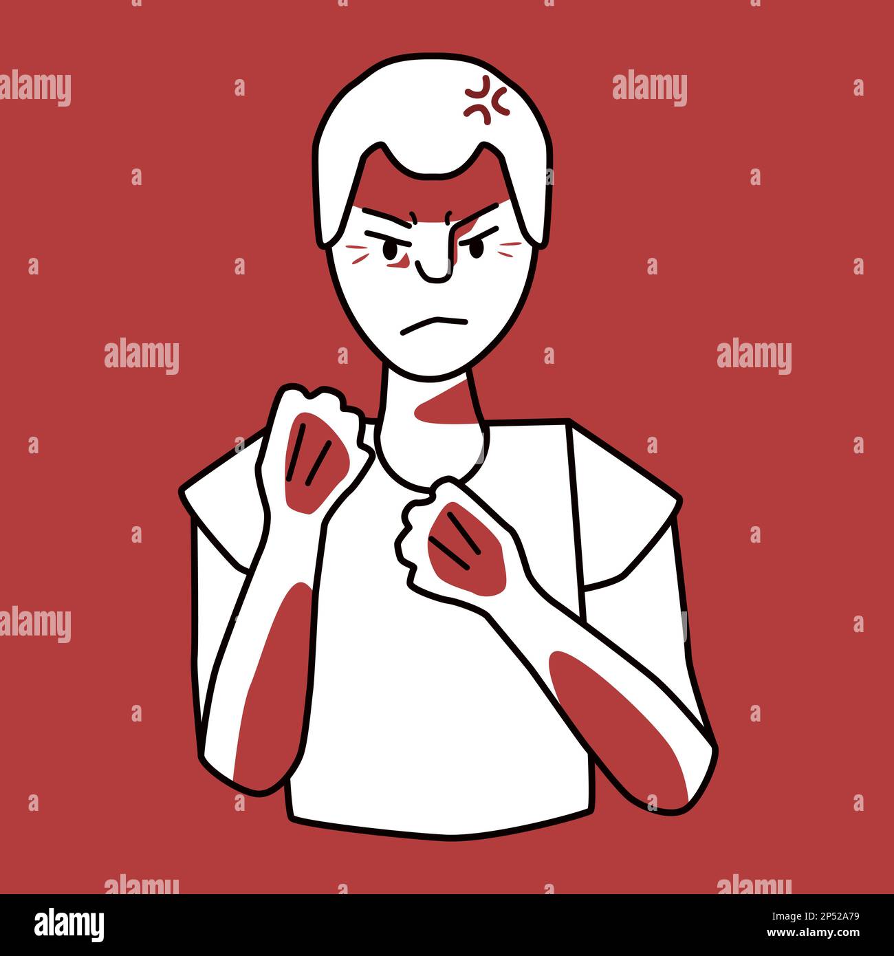 Angry young boy, red and white. Annoyed, fierce and savage teenager ...
