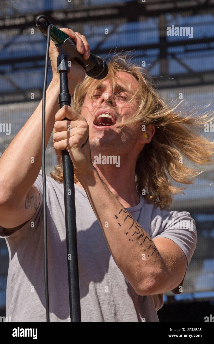 Vocalist/guitarist Aaron Bruno of AWOLNATION performs on stage during ...