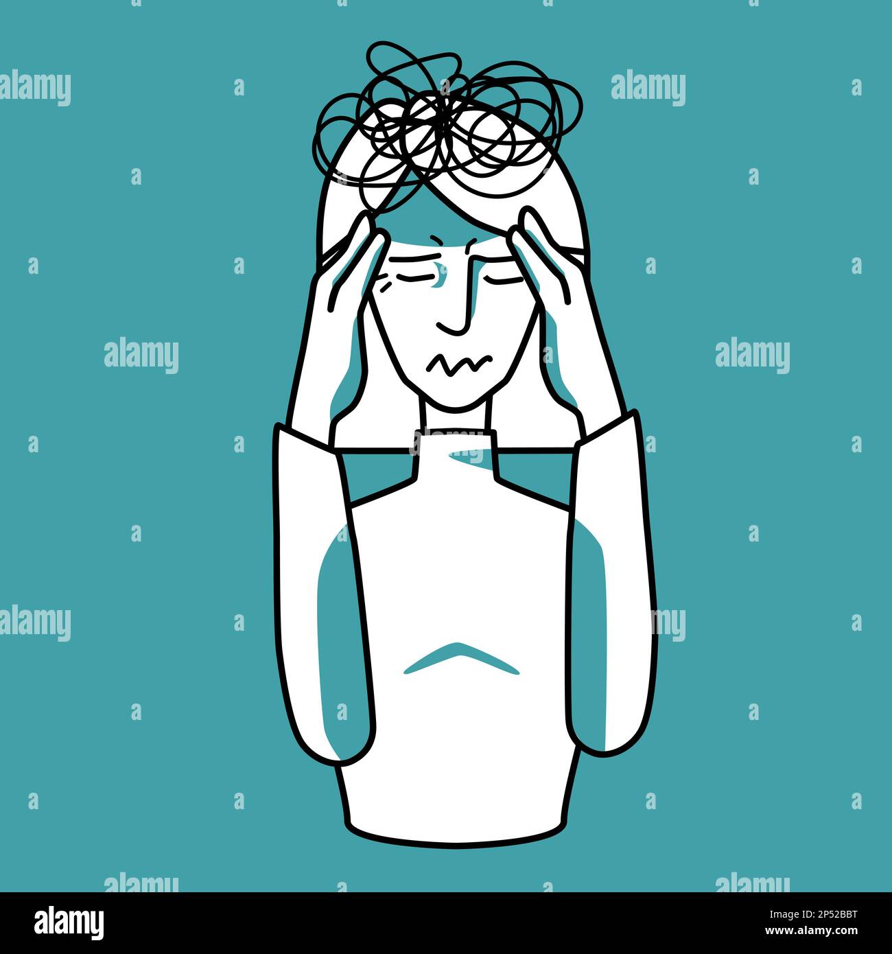 Stressed woman character, emotion of anxiety, mint and white. Stressful ...