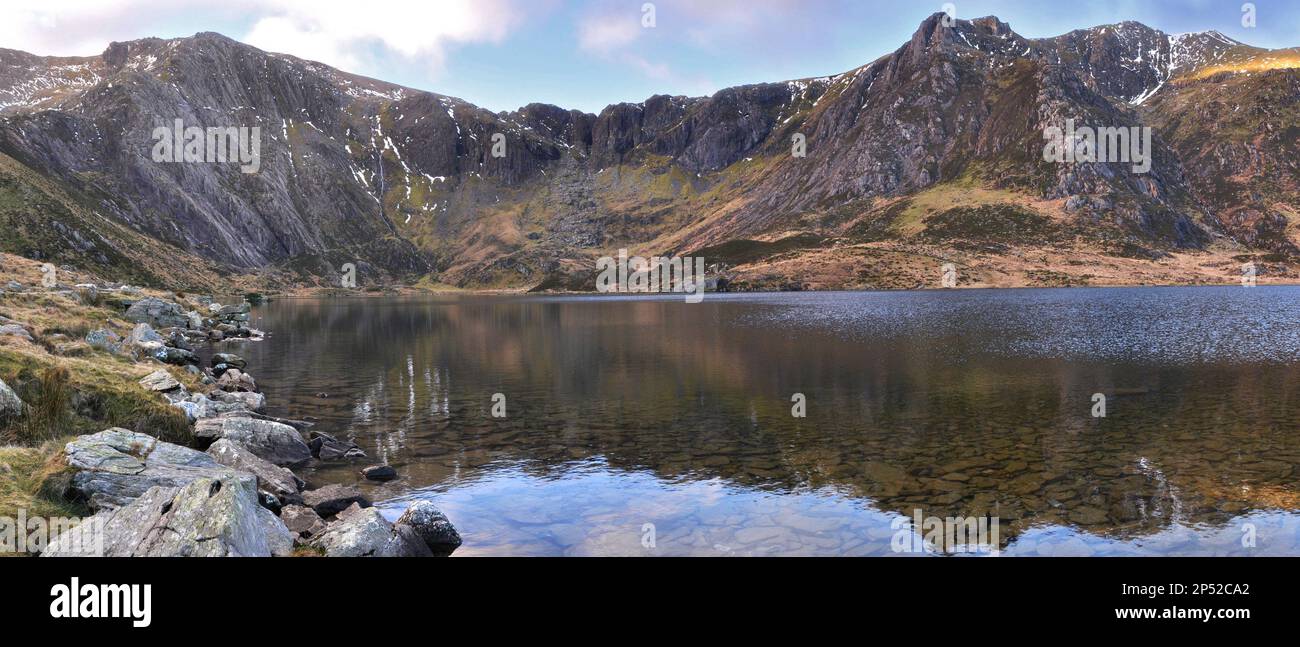 Panorama of Cwm Idwal, nature reserve in Snowdonia,Wales Stock Photo ...