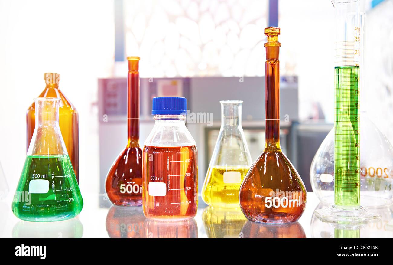 Flasks for chemical laboratory in store exhibition Stock Photo - Alamy
