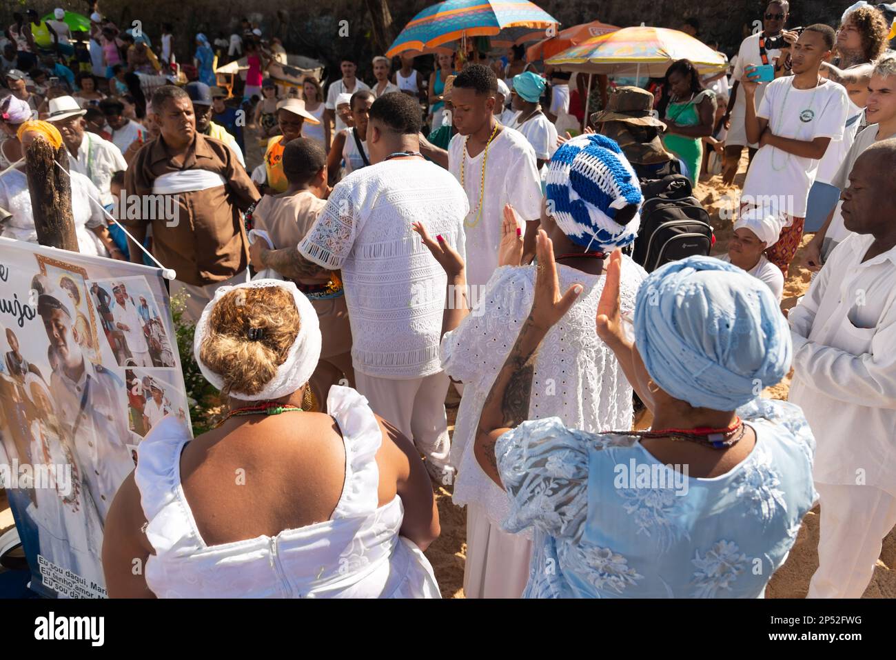 Salvador, Bahia, Brazil - February 02, 2023: Candomble members are seen ...