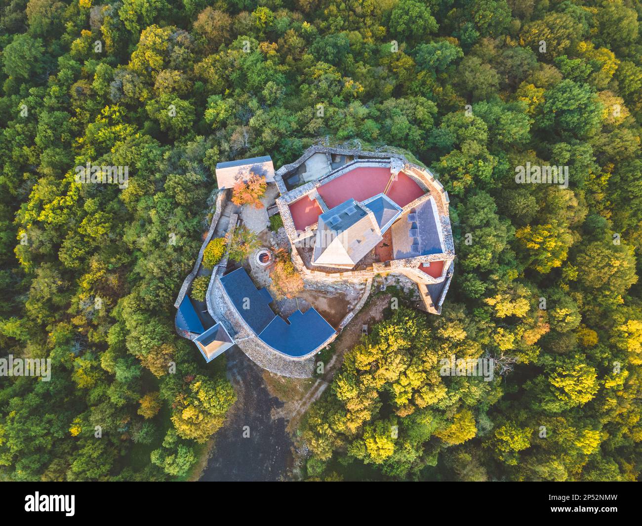 Aerial view of the beautifully renovated Hollókő castle, top view Stock ...