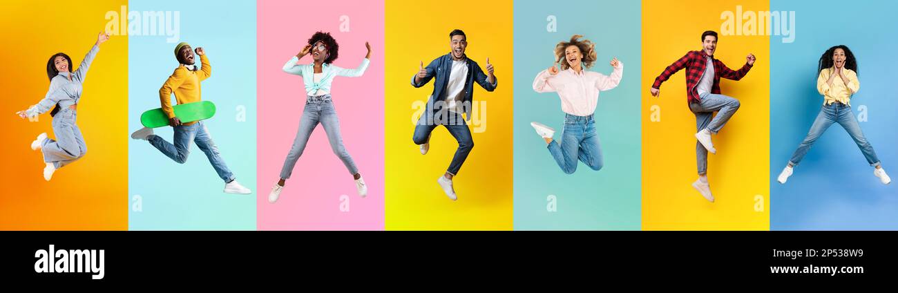 Cheerful People. Happy Multiethnic Males And Females Jumping On ...