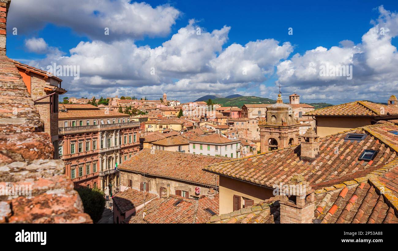 Perugia ancient historical center skyline with medieval church and bell ...