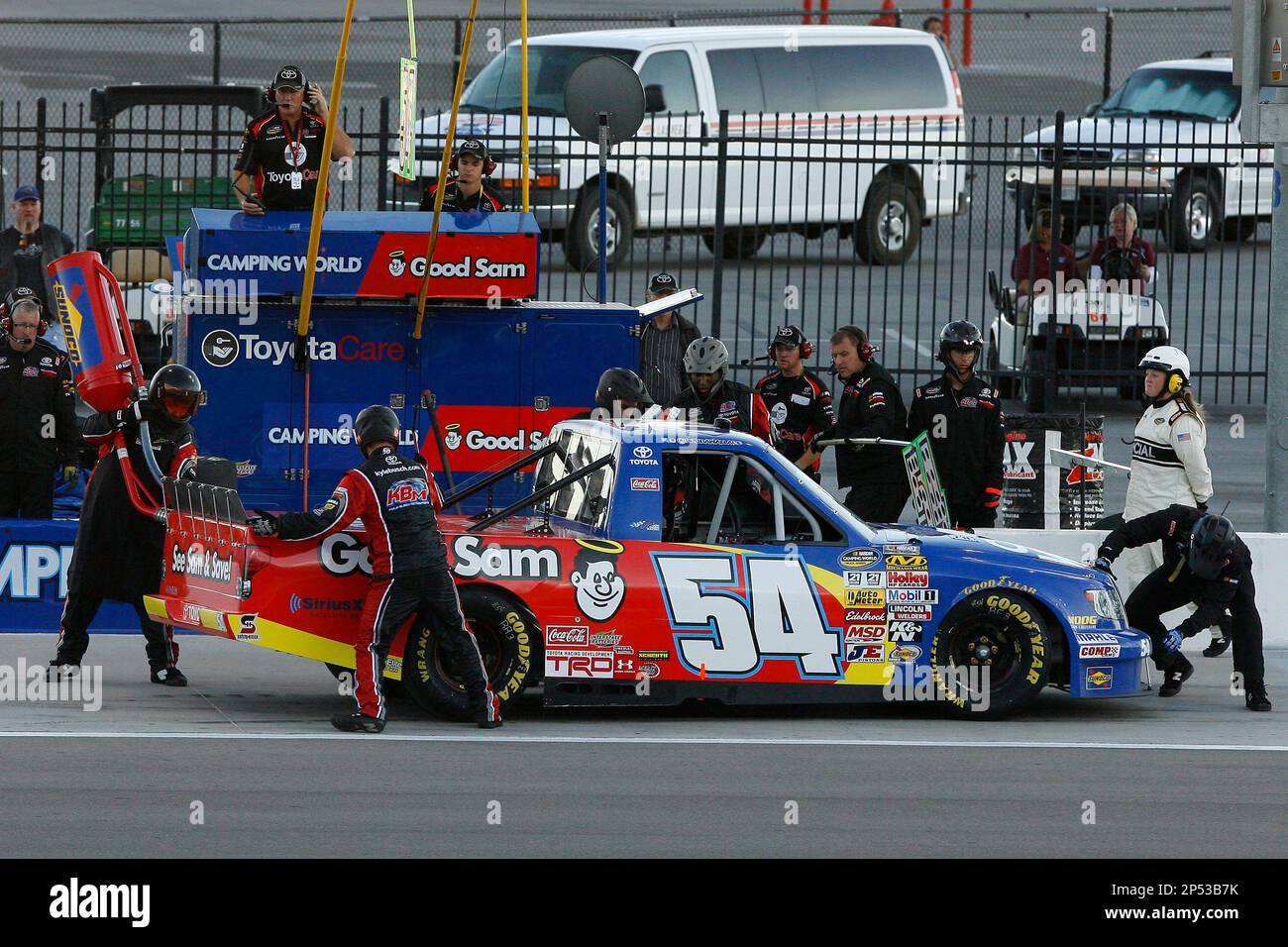 Darrell Wallace Jr makes a pit stop during the NASCAR Truck Series ...