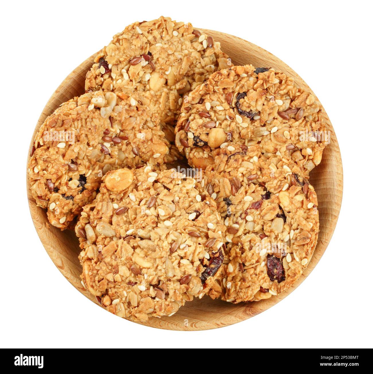 Granola cookie in wooden bowl isolated on white background with full ...