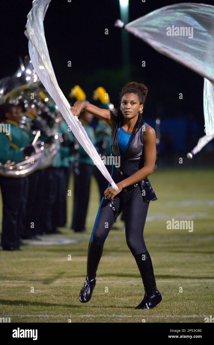 The Oak Ridge marching band and color guard perform at halftime of a ...