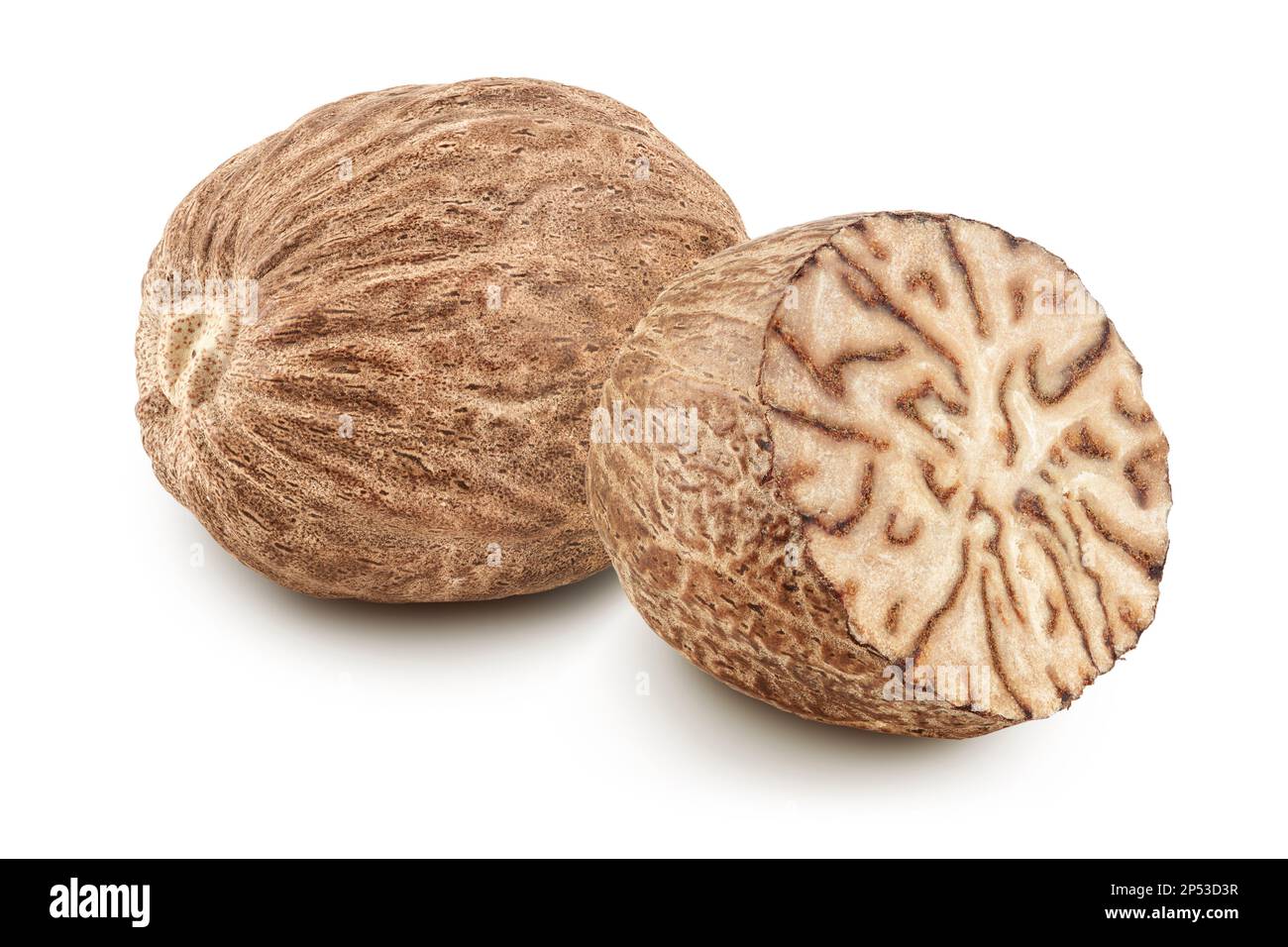 nutmeg half isolated on white background with full depth of field. Top ...