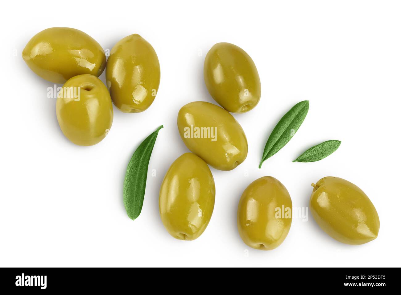 Green olives with leaves isolated on a white background with full depth ...
