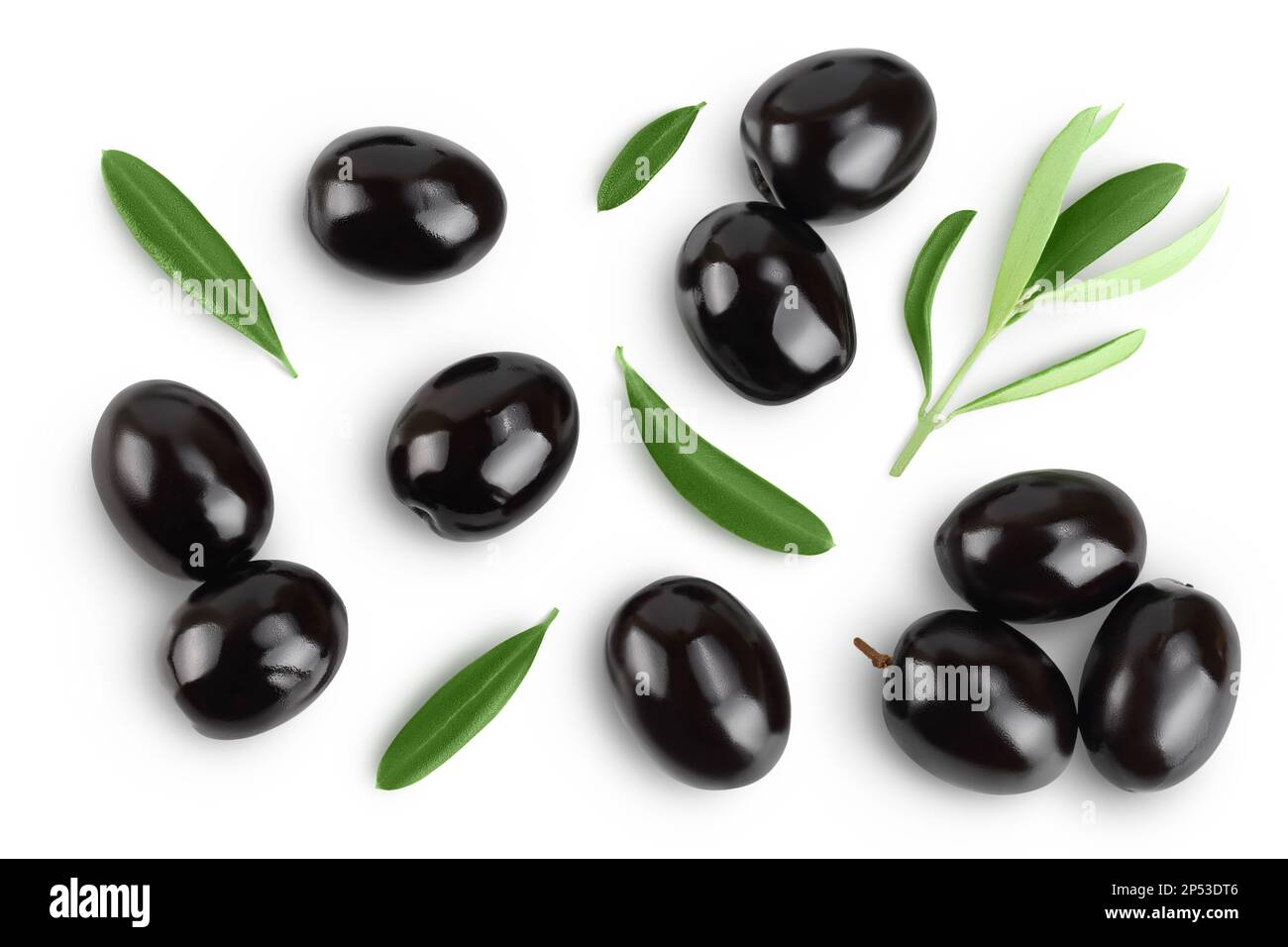 Black olives with leaves isolated on a white background with full depth ...
