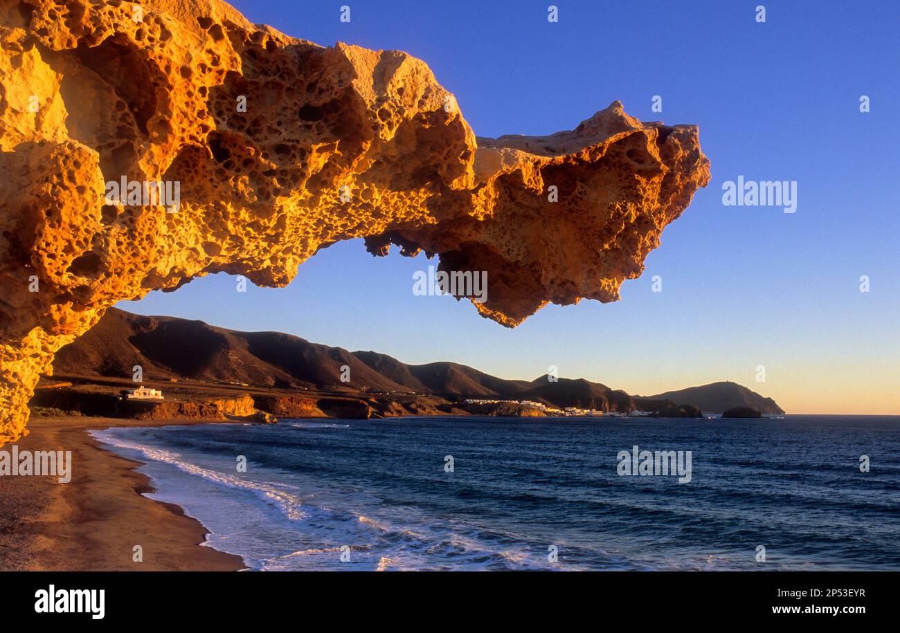 Gargoyle Rocks eroded by wind, sea water and sand in Playa del Arco.Los ...