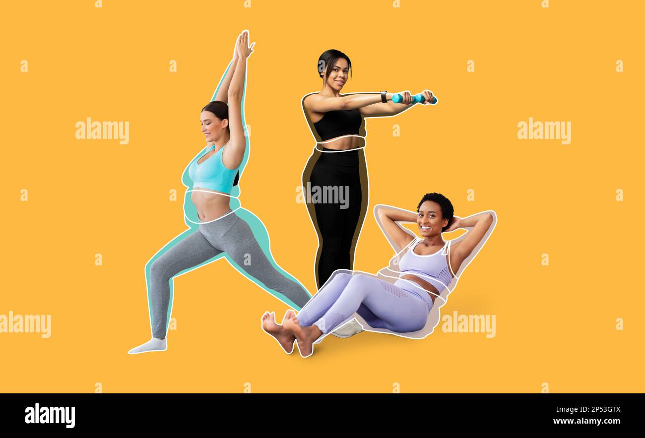 Smiling diverse young women athletes in sportswear, overweight ladies ...