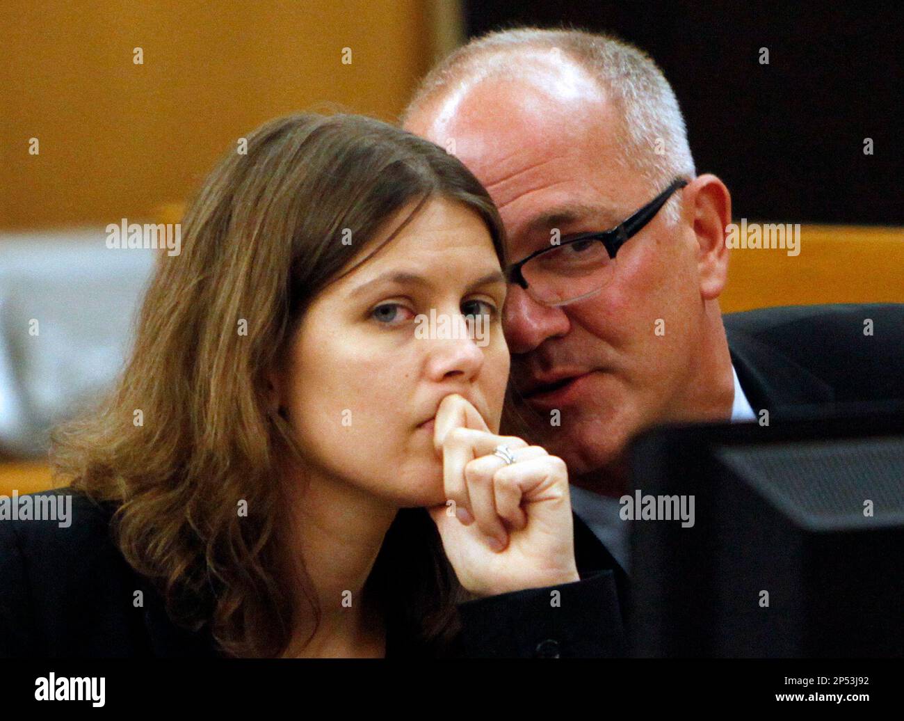 AEG attorneys Jessica Stebbins-Bina, left and Marvin Putnam listen ...
