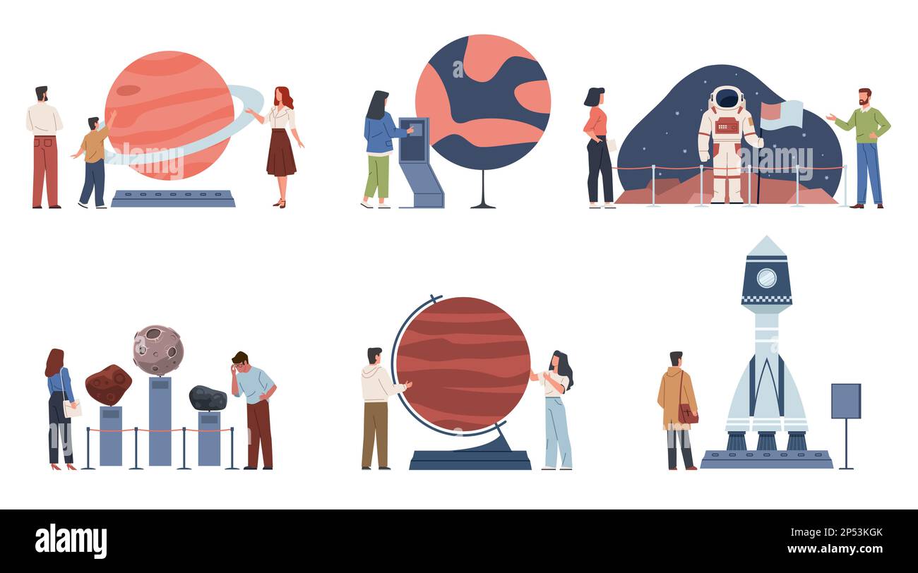 Planetarium people. Curious visitors to astronomy museum, space objects ...