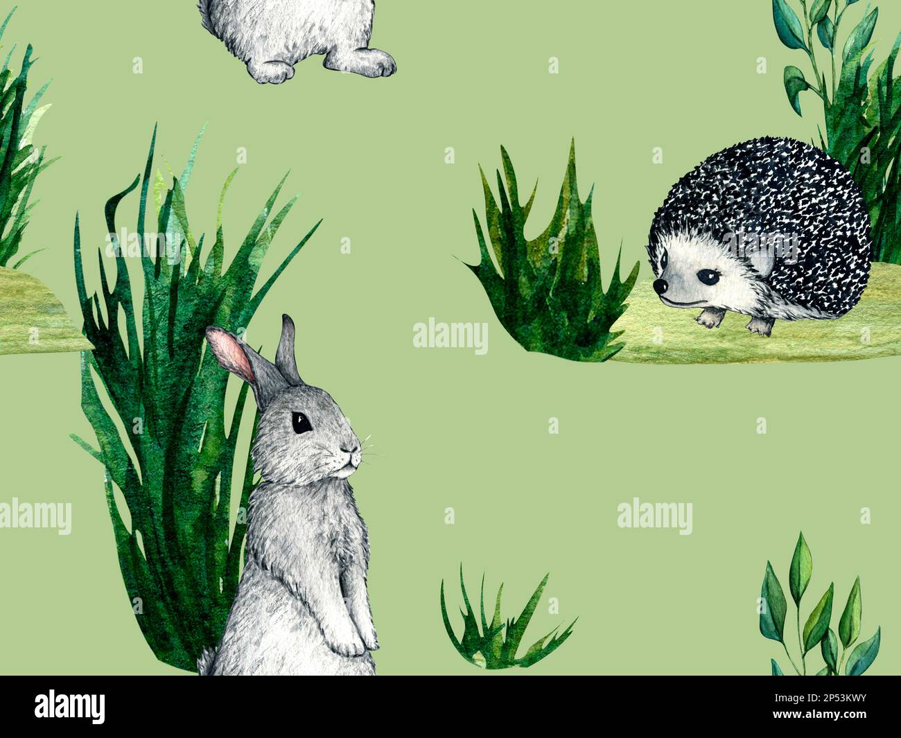 Watercolor wild forest animals: hedgehog and hare, rabbit on green ...