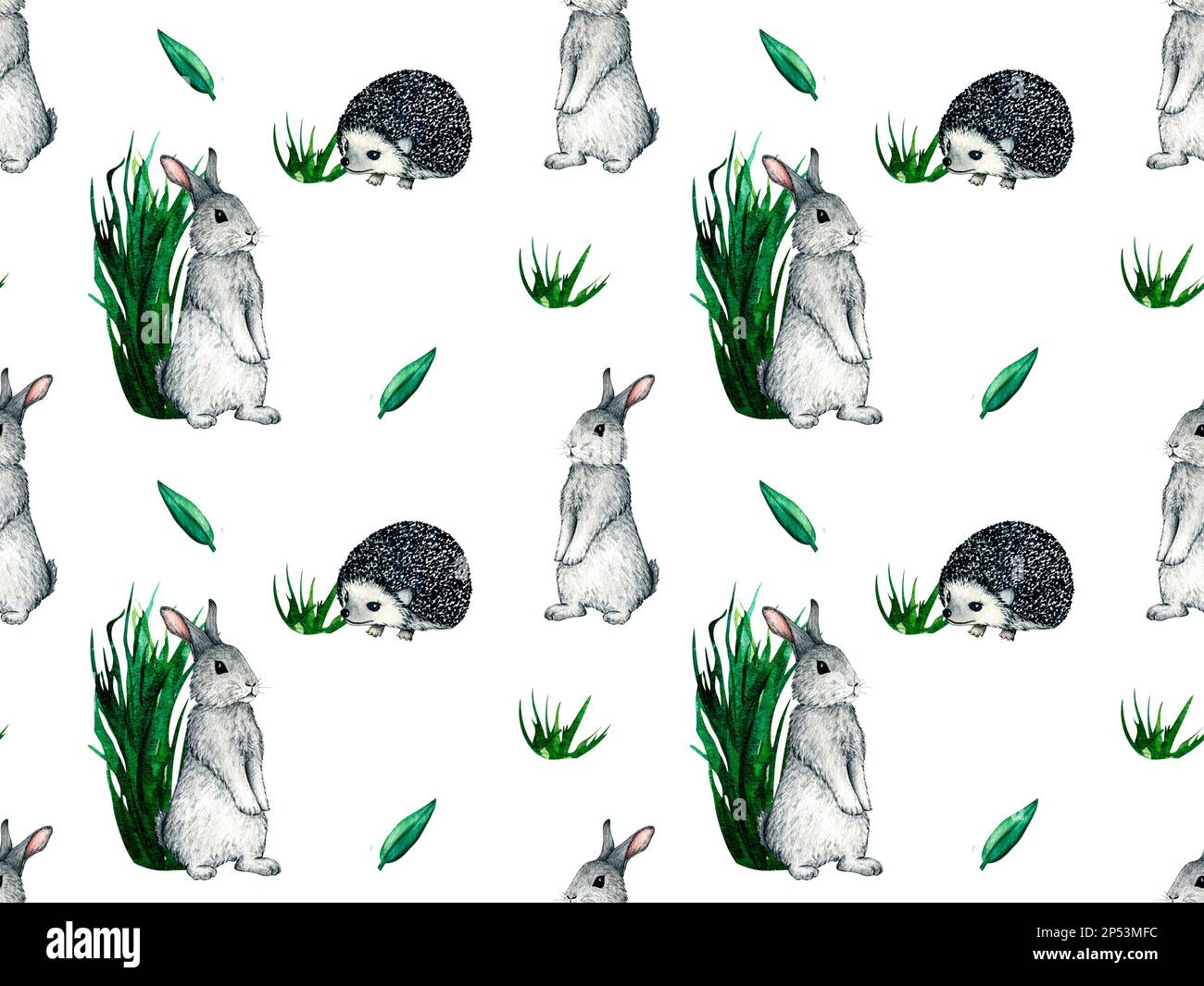 Watercolor wild forest animals: hedgehog and hare, rabbit on white ...