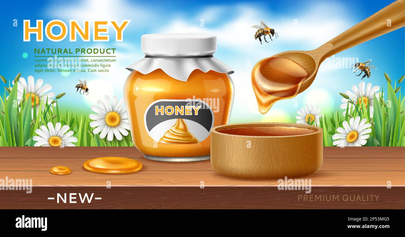Realistic honey poster. Natural bee product, sweet floral syrup packed ...