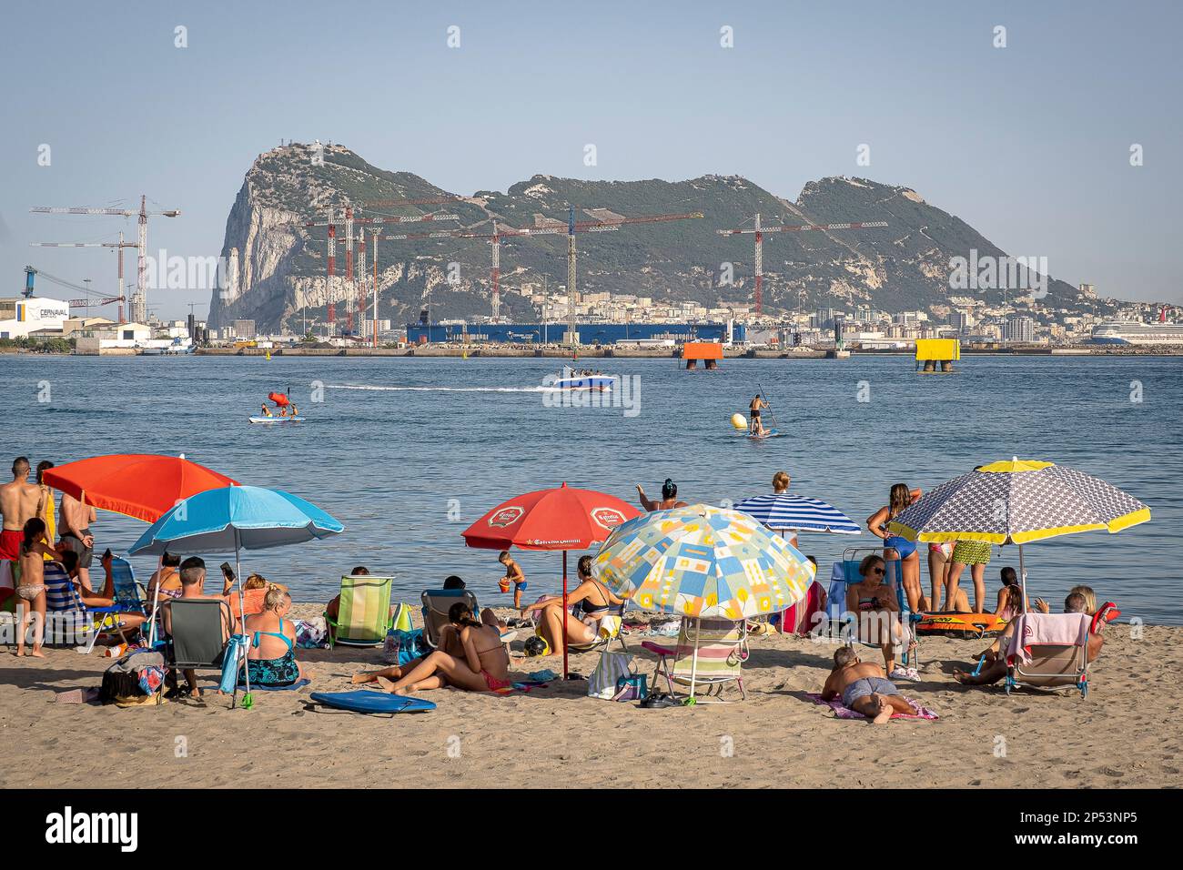 Panoramic view of the Rock of Gibraltar from Puente Mayorga beach. In ...
