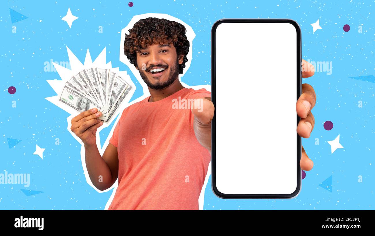 Happy wealthy indian guy showing smartphone blank screen and cash Stock ...