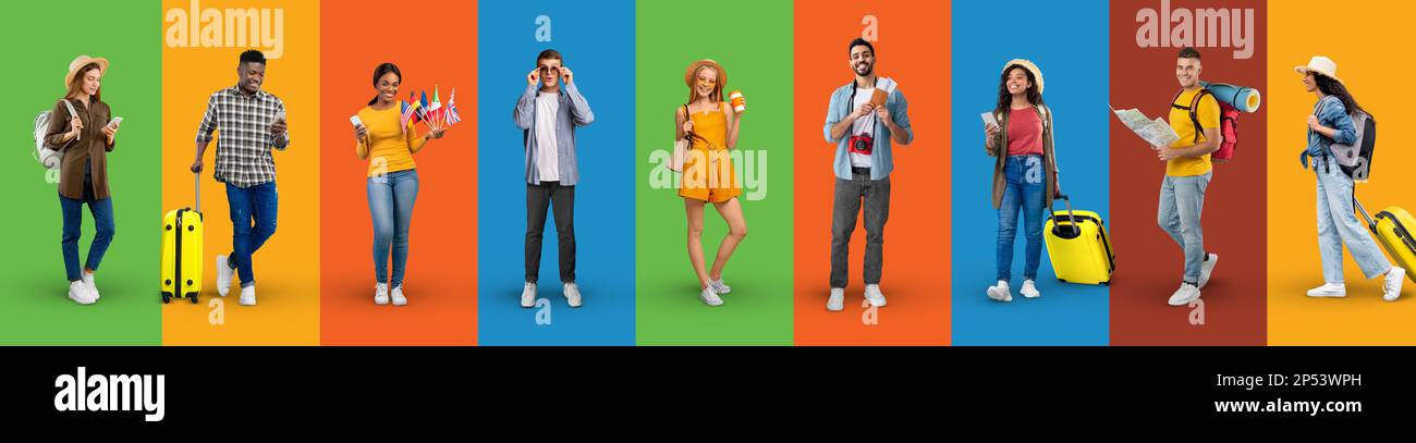 Multicultural millennial people enjoying vacation, full length shot ...