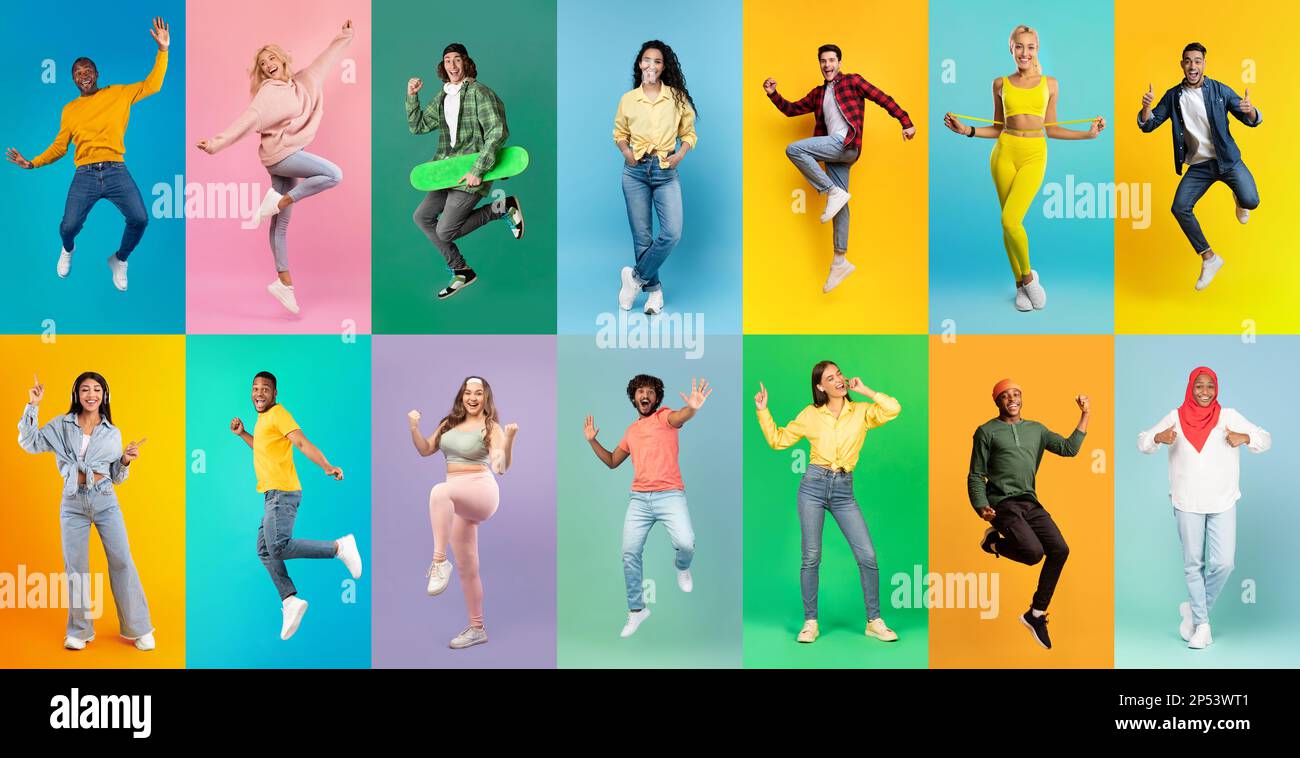 Set Of Full Length Shots Of Happy Young People Over Colorful ...